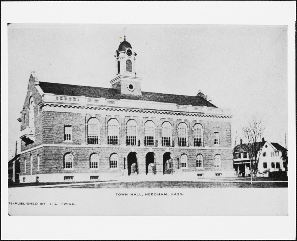 Needham Town Hall, from an early postcard - Digital Commonwealth
