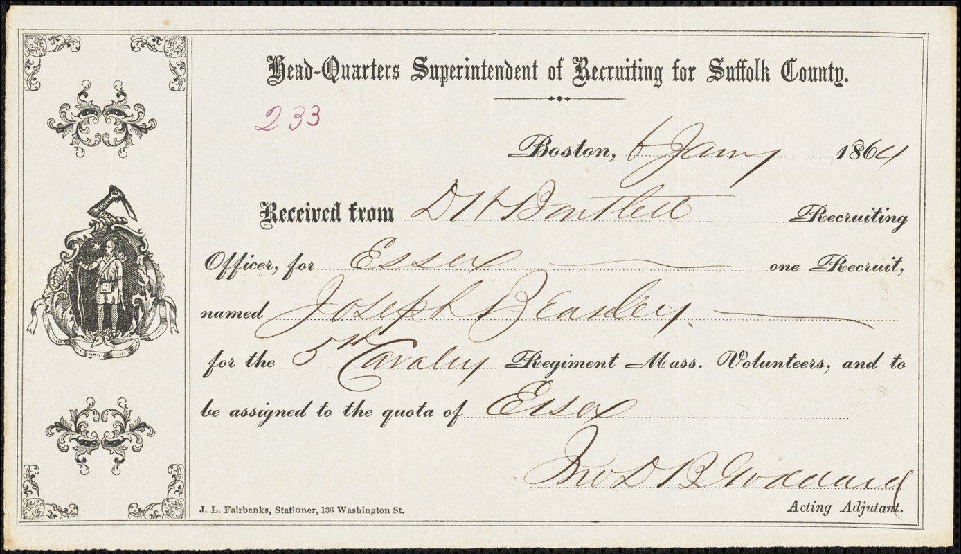 Joseph Beasley enlistment record - Digital Commonwealth