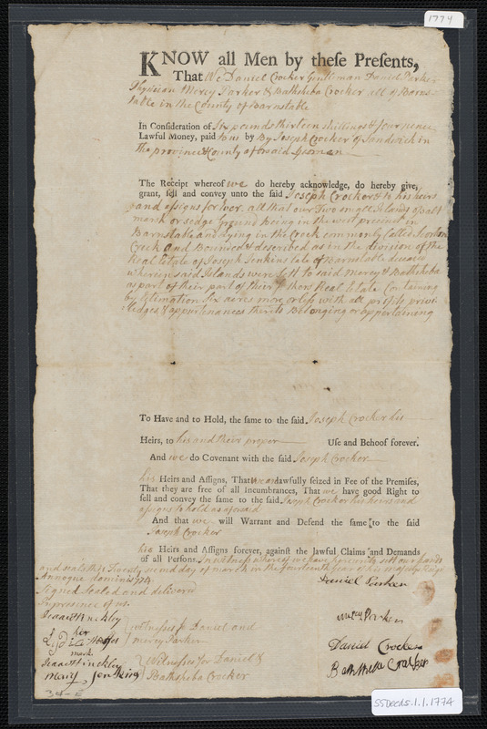 Deed of property in Barnstable sold to Joseph Crocker of Sandwich by ...