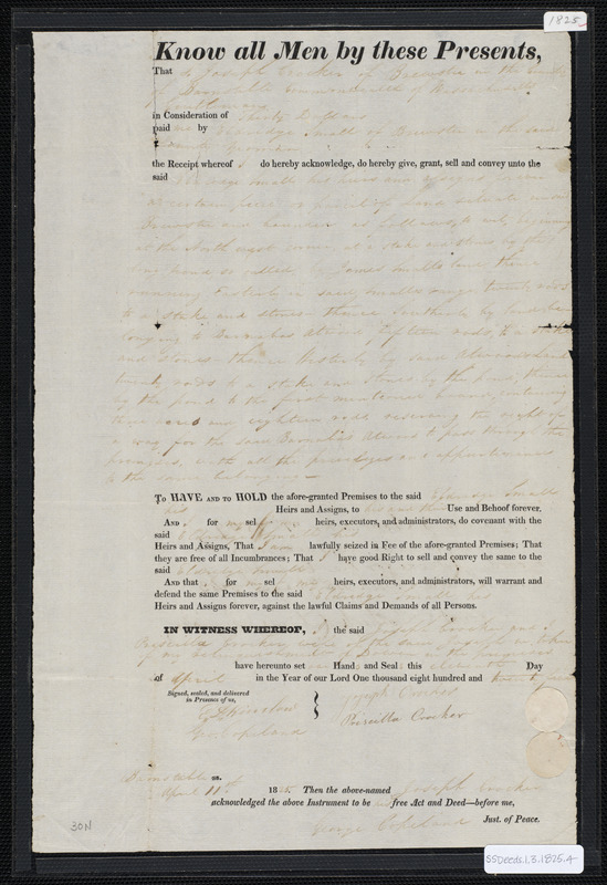 Deed of property in Brewster sold to Eldredge Small of Brewster by ...