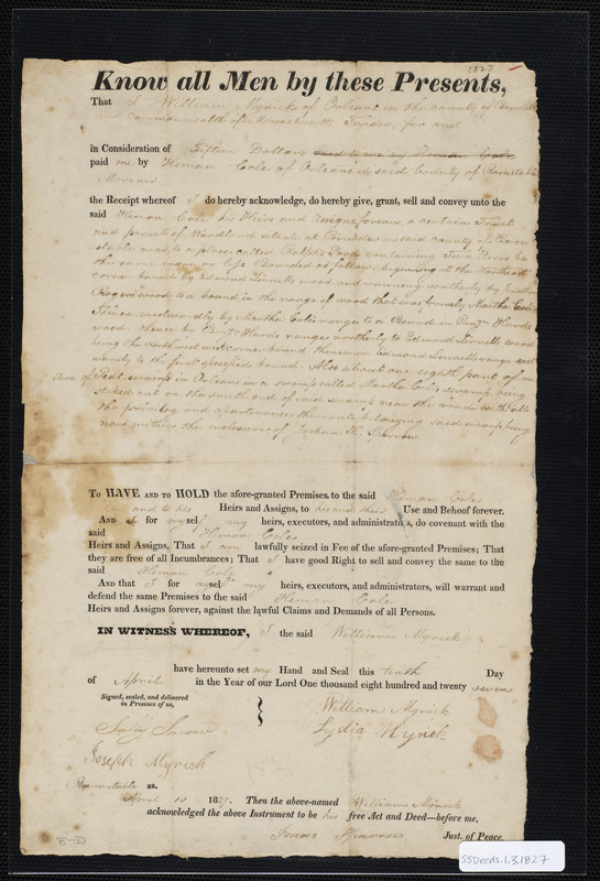 Deed of property in Brewster/Orleans sold to Heman Cole of Orleans by ...