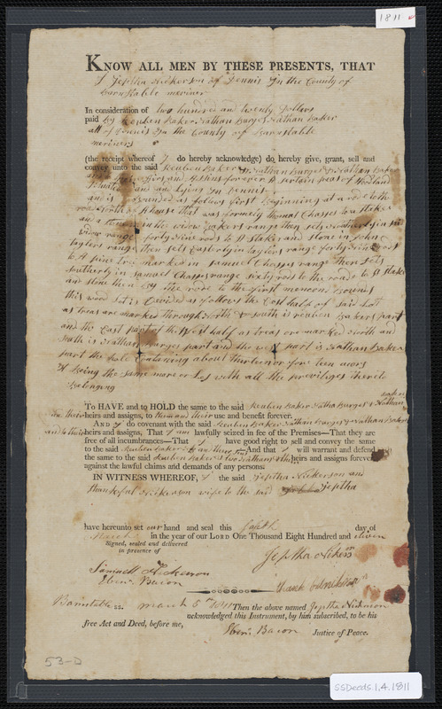 Deed of property in Dennis sold to Reuben Baker, Nathan Burges, and ...