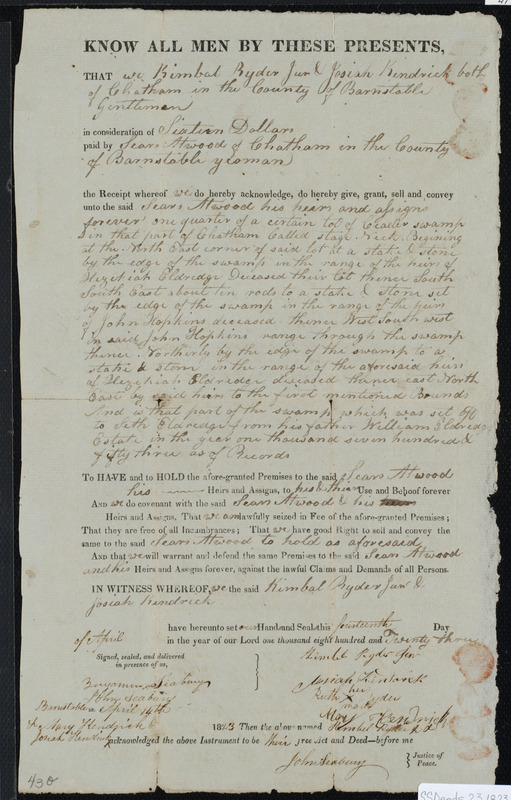 Deed of property in Chatham sold to Sears Attwood of Chatham by Kimbal ...