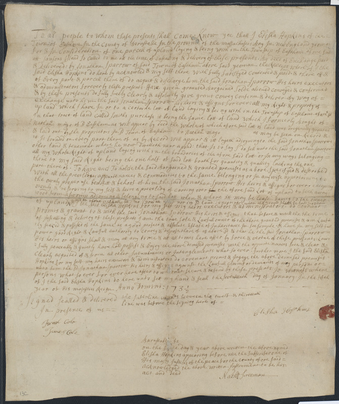 Deed of property in Eastham sold to Jonathan Sparrow of Eastham by ...