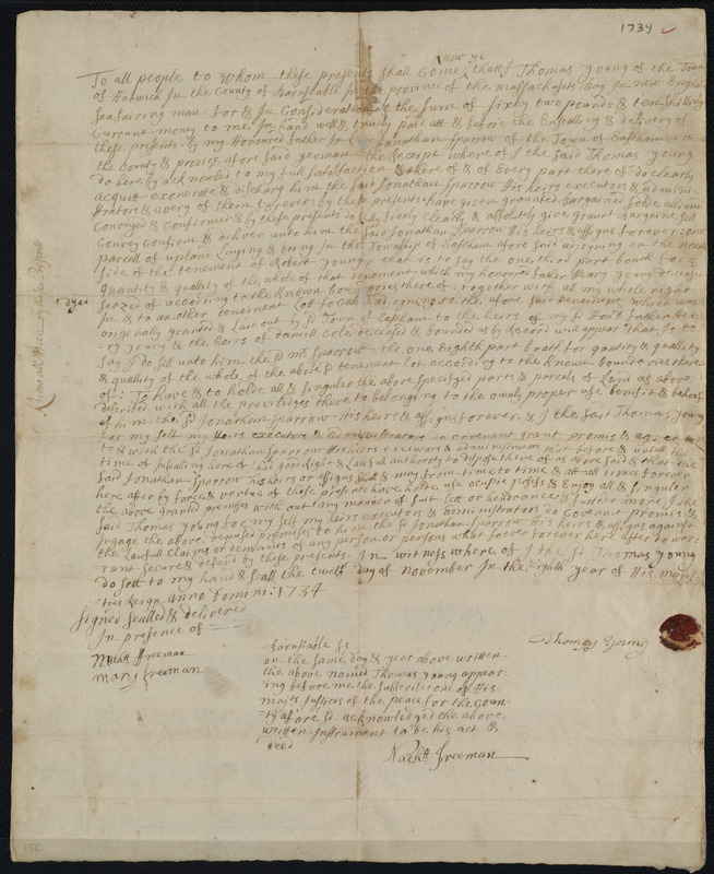 Deed of property in Eastham sold to Jonathan Sparrow of Eastham by ...