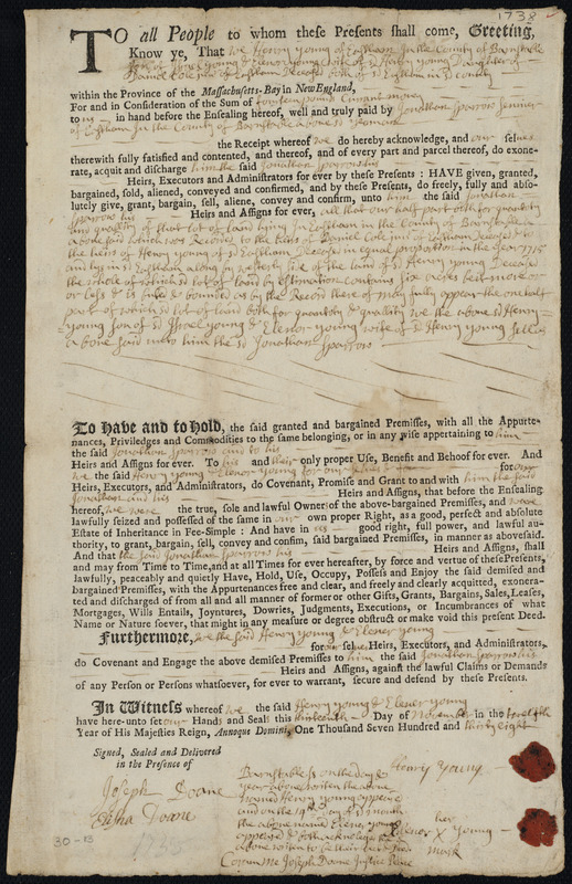 Deed of property in Eastham sold to Jonathan Sparrow Sr. of Eastham by ...