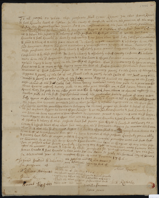 Deed of property in Eastham sold to Benjamin Higgins of Eastham by Amos ...