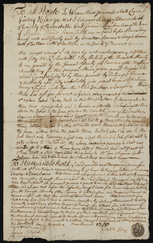 Deed of property in Eastham sold to Jonathan Sparrow and Joseph Sparrow ...
