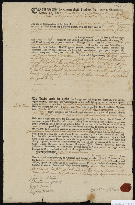 Deed of property in Eastham sold to Samuel Doane Jr., Solomon Doane ...