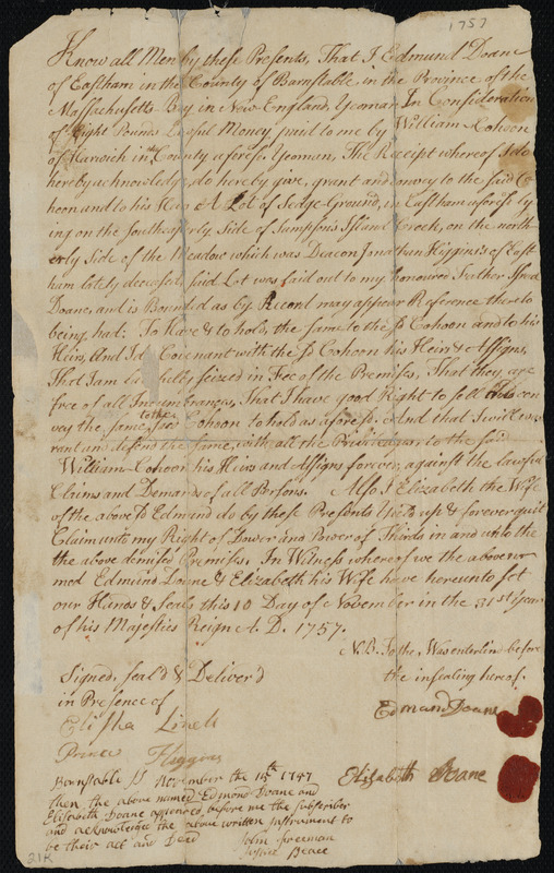 Deed of property in Eastham sold to William Cahoon of Harwich by Edmund ...
