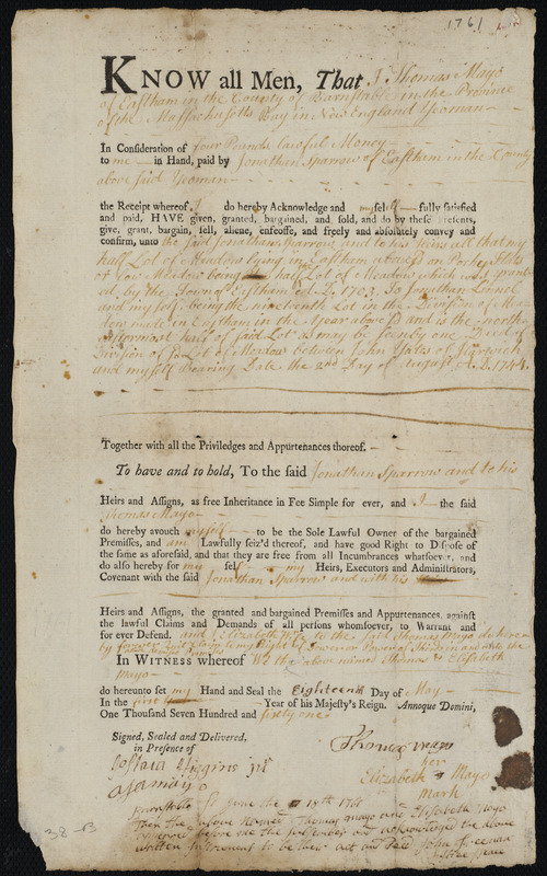 Deed of property in Eastham sold to Jonathan Sparrow of Eastham by ...