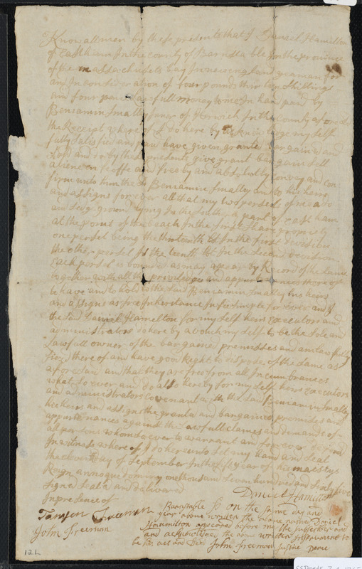 Deed of property in Eastham sold to Benjamin Smalley Jr. of Harwich by ...
