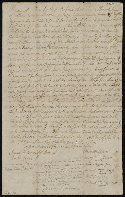 Deed of property in Eastham sold to Jonathan Sparrow of Eastham by ...