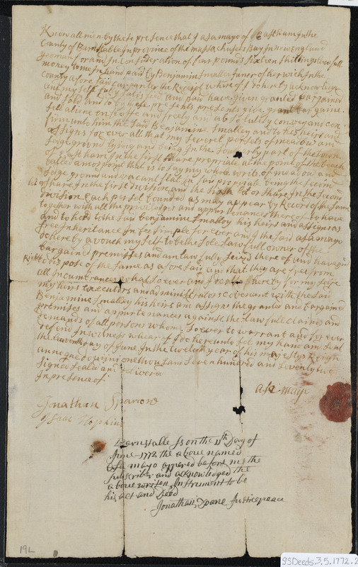 Deed of property in Eastham sold to Benjamin Smalley Jr. of Harwich by ...