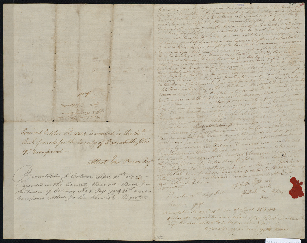 Deed of property in Eastham sold to Isaac Freeman of Eastham by Josiah ...
