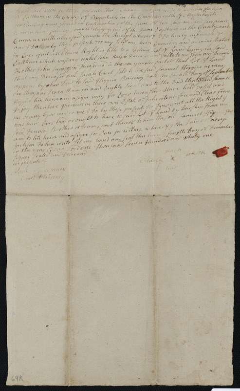 Deed of property in Eastham sold to Samuel Higgins of Eastham by Marcy ...
