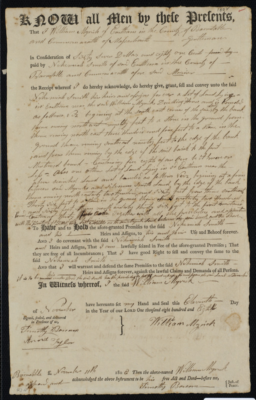 Deed of property in Eastham sold to Nehemiah Smith of Eastham by ...