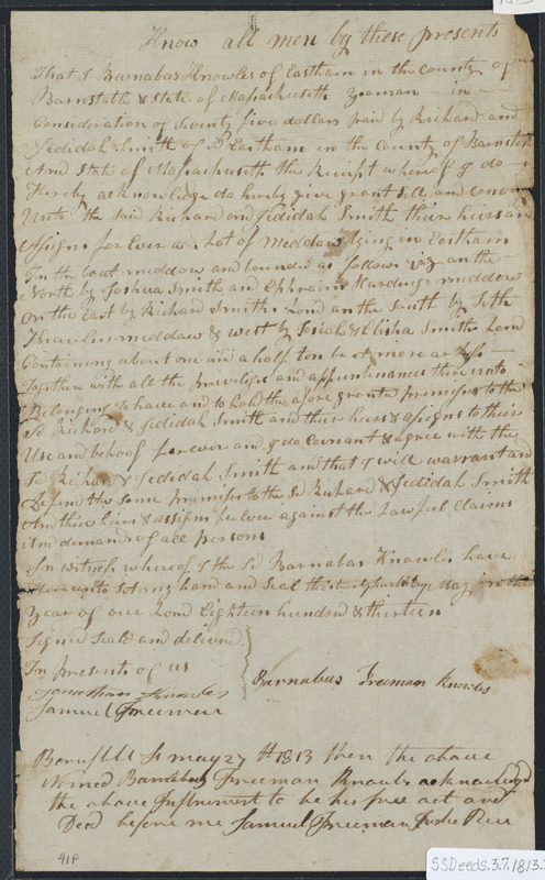 Deed of property in Eastham sold to Richard Smith and Jedidah Smith of ...