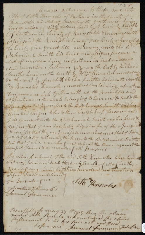 Deed of property in Eastham sold to Nehemiah Smith of Eastham by Seth ...