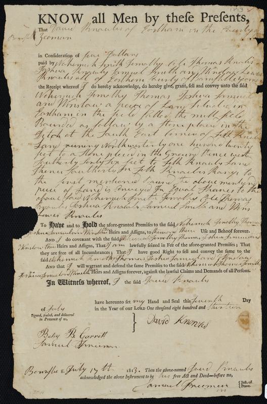 Deed of property in Eastham sold to Nehemiah Smith, Timothy Cole ...