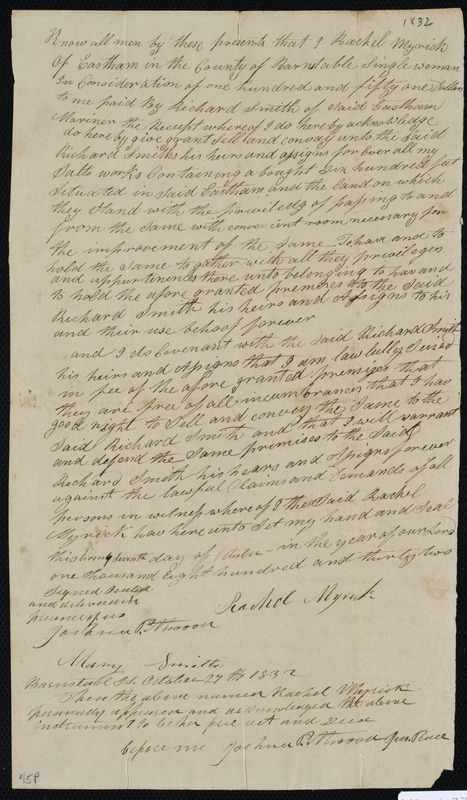 Deed of property in Eastham sold to Richard Smith of Eastham by Rachel ...