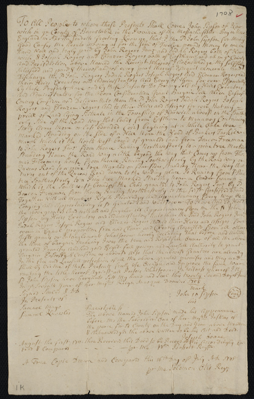 Deed of property in Harwich sold to John Rogers, Judah Rogers, Joseph ...