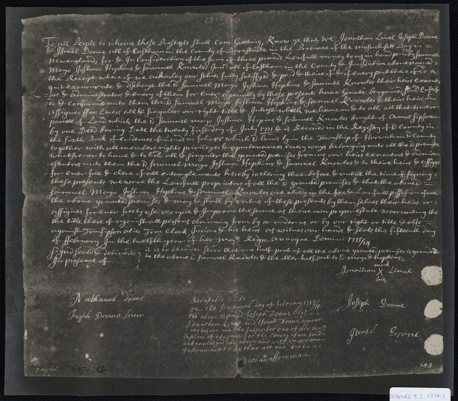 Deed of property in Harwich sold to Samuel Mayo, Joshua Hopkins, and ...