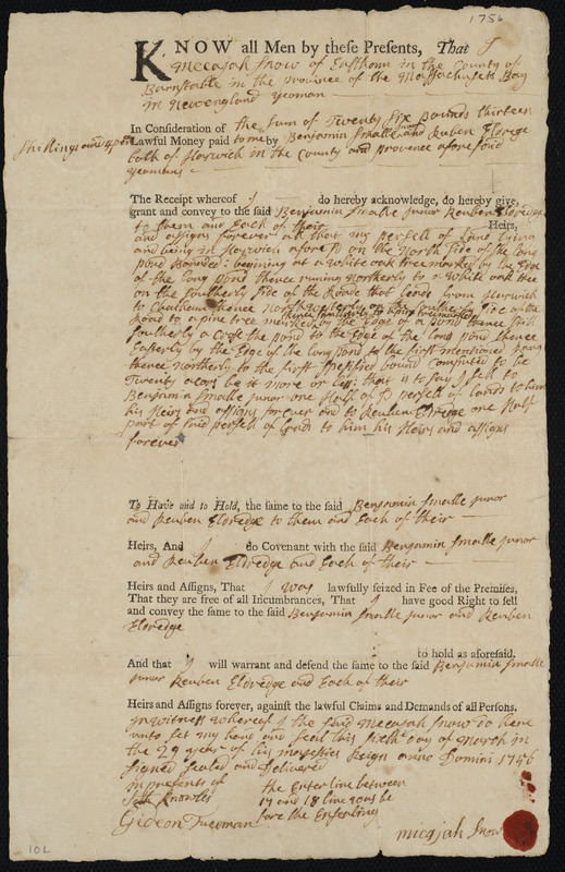 Deed of property in Harwich sold to Benjamin Smalle and Ruben Eldredge ...