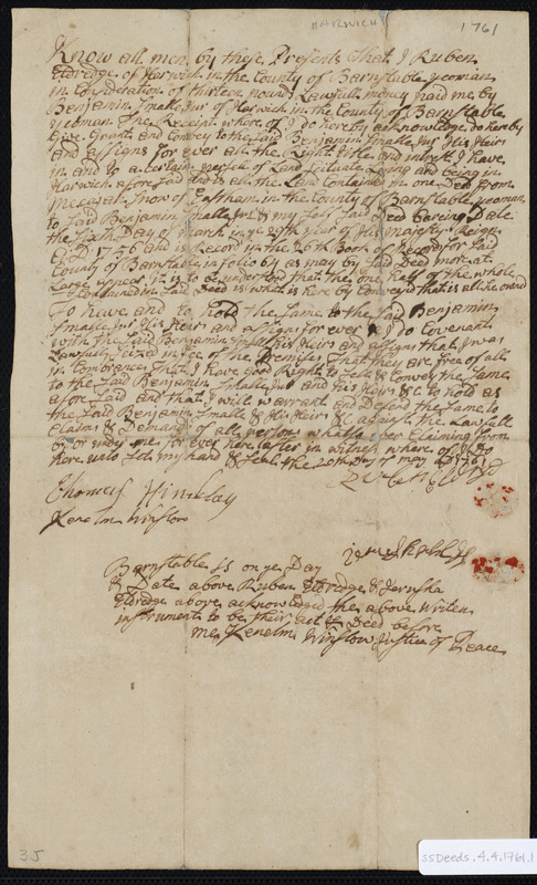 Deed of property in Harwich sold to Benjamin Smalle by Ruben Eldredge ...