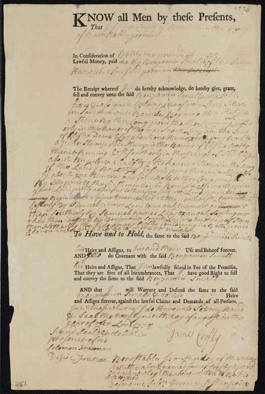 Deed of property in Harwich sold to Benjamin Small Jr. of Harwich by ...