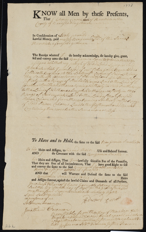 Deed of property in Harwich sold to Benjamin Small Jr. of Harwich by ...