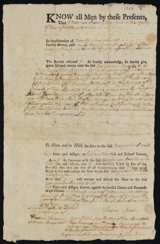 Deed of property in Harwich sold to Benjamin Small Jr. of Harwich by ...