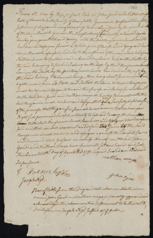 Deed of property in Harwich sold to Benjamin Small of Harwich by John ...