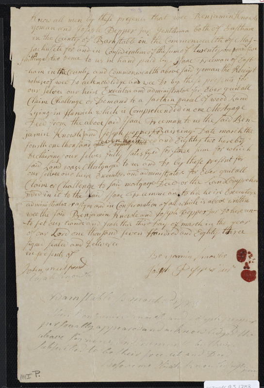 Deed of property in Harwich sold to Isaac Freeman of Eastham by ...