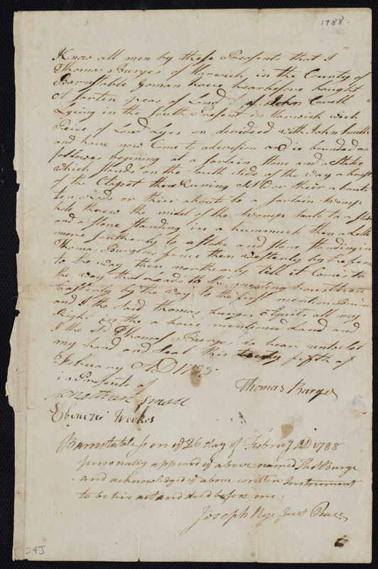Deed of property in Harwich sold to Thomas Burges by John Covell of ...