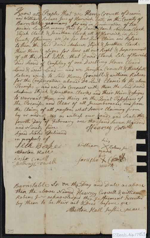 Deed of property in Harwich sold to Elijah Clark and Jonathan Clark of ...