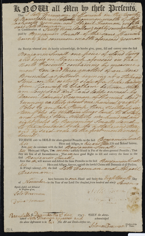 Deed of property in Harwich sold to Benjamin Small of Harwich by Seth ...