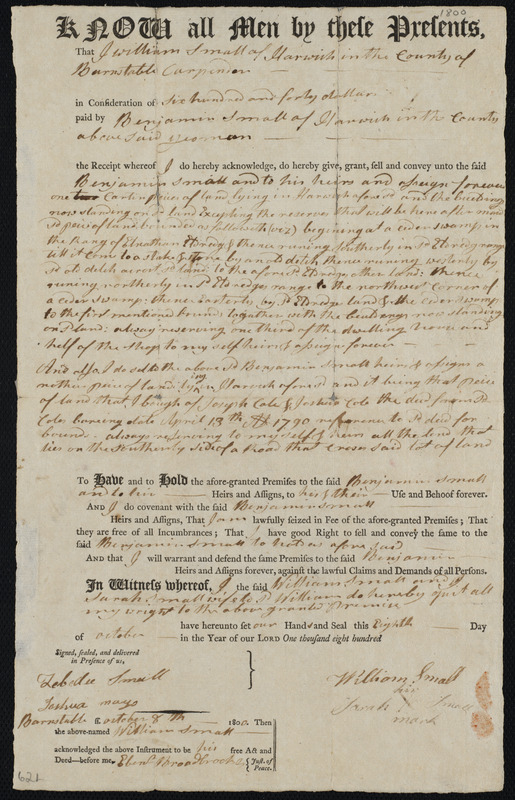 Deed of property in Harwich sold to Benjamin Small of Harwich by ...