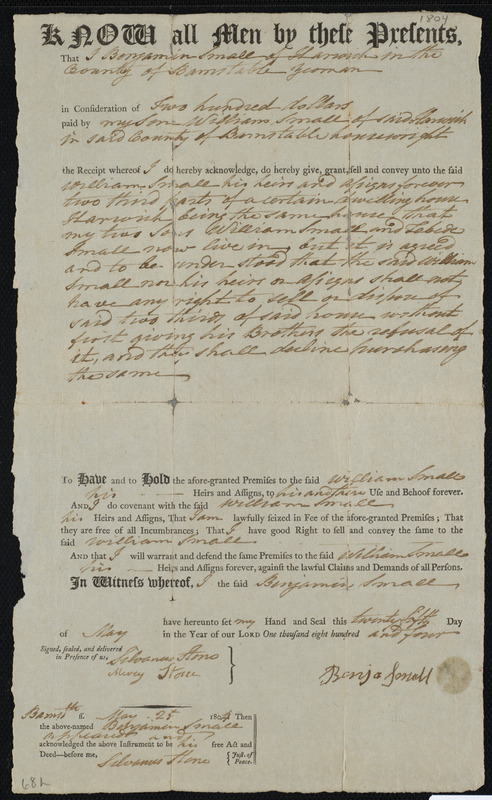 Deed of property in Harwich sold to William Small of Harwich by ...