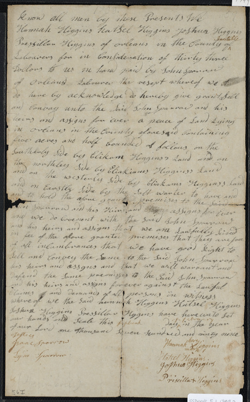 Deed of property in Orleans sold to John Sparrow of Orleans by Hannah ...