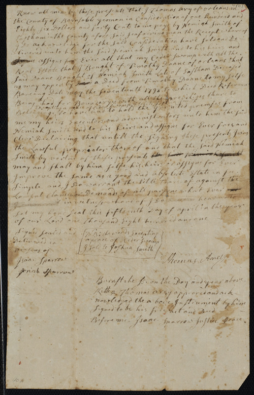 Deed of property in Orleans sold to Nehemiah Smith by Thomas Arey of ...