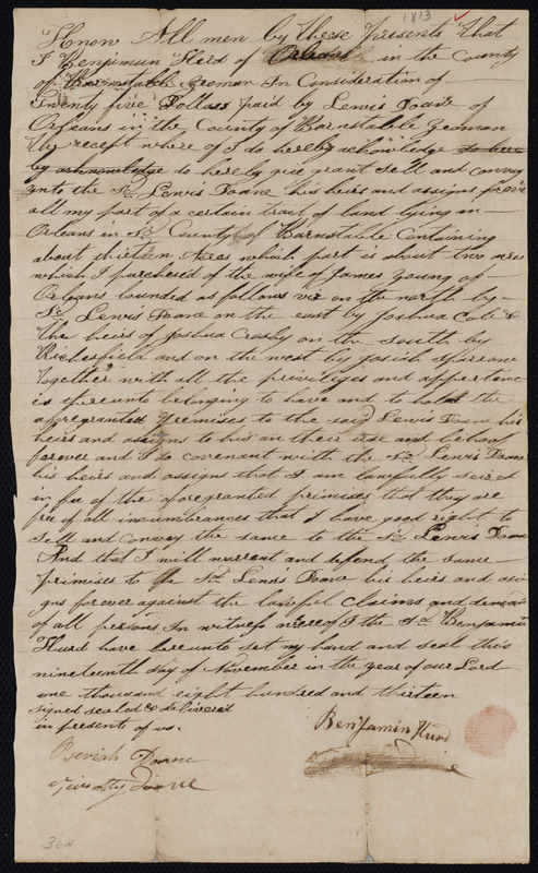 Deed of property in Orleans sold to Lewis Doane of Orleans by Benjamin ...