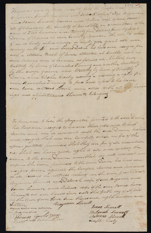 Deed of property in Orleans sold to Lewis Doane of Orleans by Joseph ...