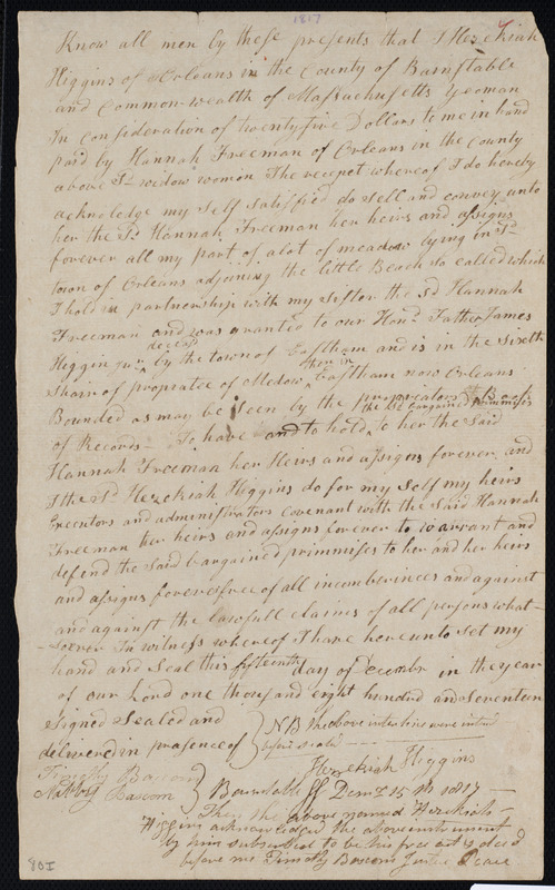 Deed of property in Orleans sold to Hannah Freeman of Orleans by ...