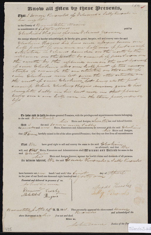 Deed of property in Orleans sold to Eliakem Higgins of Orleans by Isaac ...