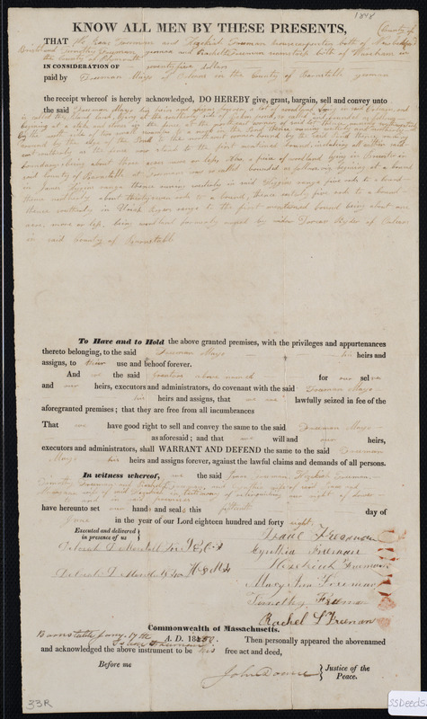 Deed of property in Orleans sold to Freeman Mayo of Orleans by Isaac ...