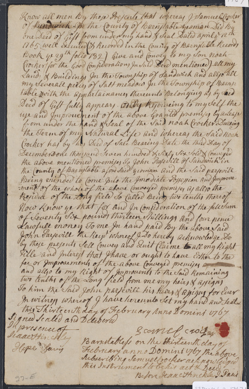 Deed of property in Sandwich sold to John Parsivell by Samuel Crocker ...