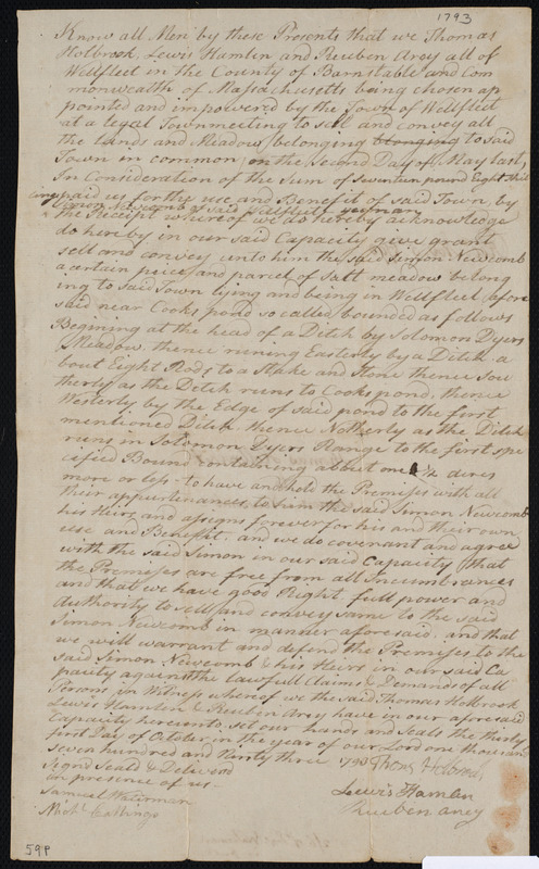 Deed of property in Wellfleet sold to Simon Newcomb of Wellfleet by ...