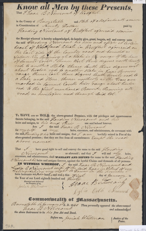 Deed of property in Wellfleet sold to Harding Newcomb of Wellfleet by ...