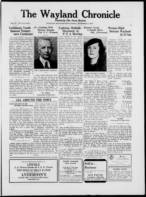 The Wayland Chronicle. November 27, 1936 - Digital Commonwealth